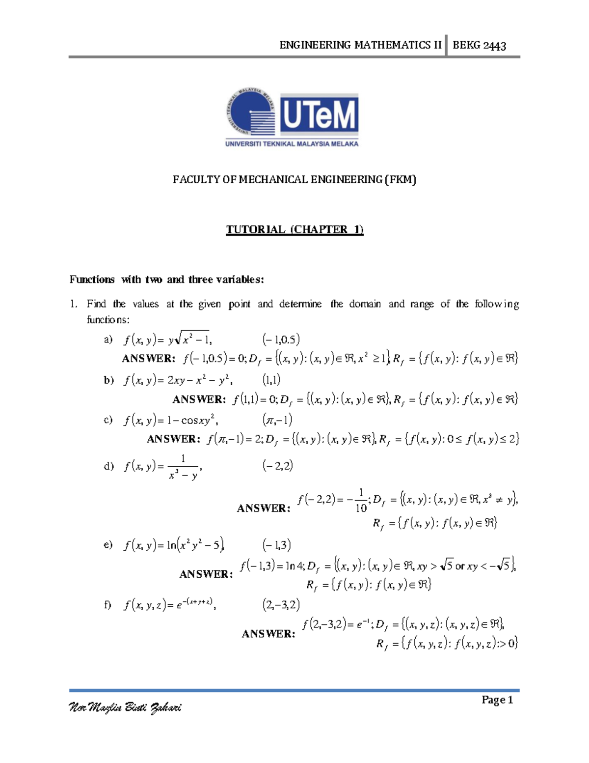Tutorial-function of several variables - Page 1 FACULTY OF MECHANICAL ENGINEERING (FKM) TUTORIAL ...