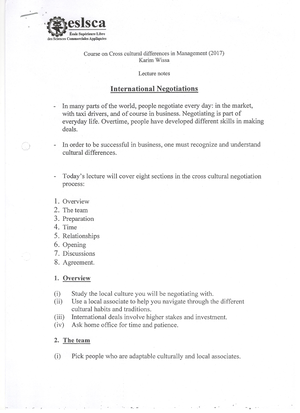 Cross Culture Communications and Negotiations Lecture 2 Notes - Cross ...