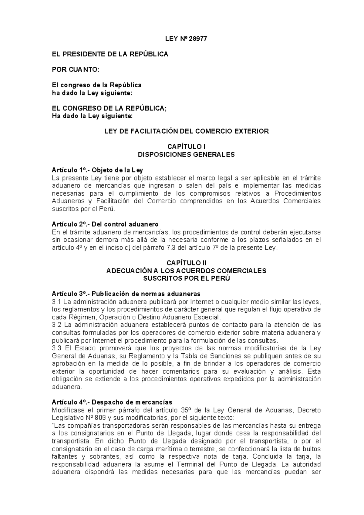 03 - Ley 28977 Ley Facilitacion Comercio Exterior - LEY Nº 28977 EL ...
