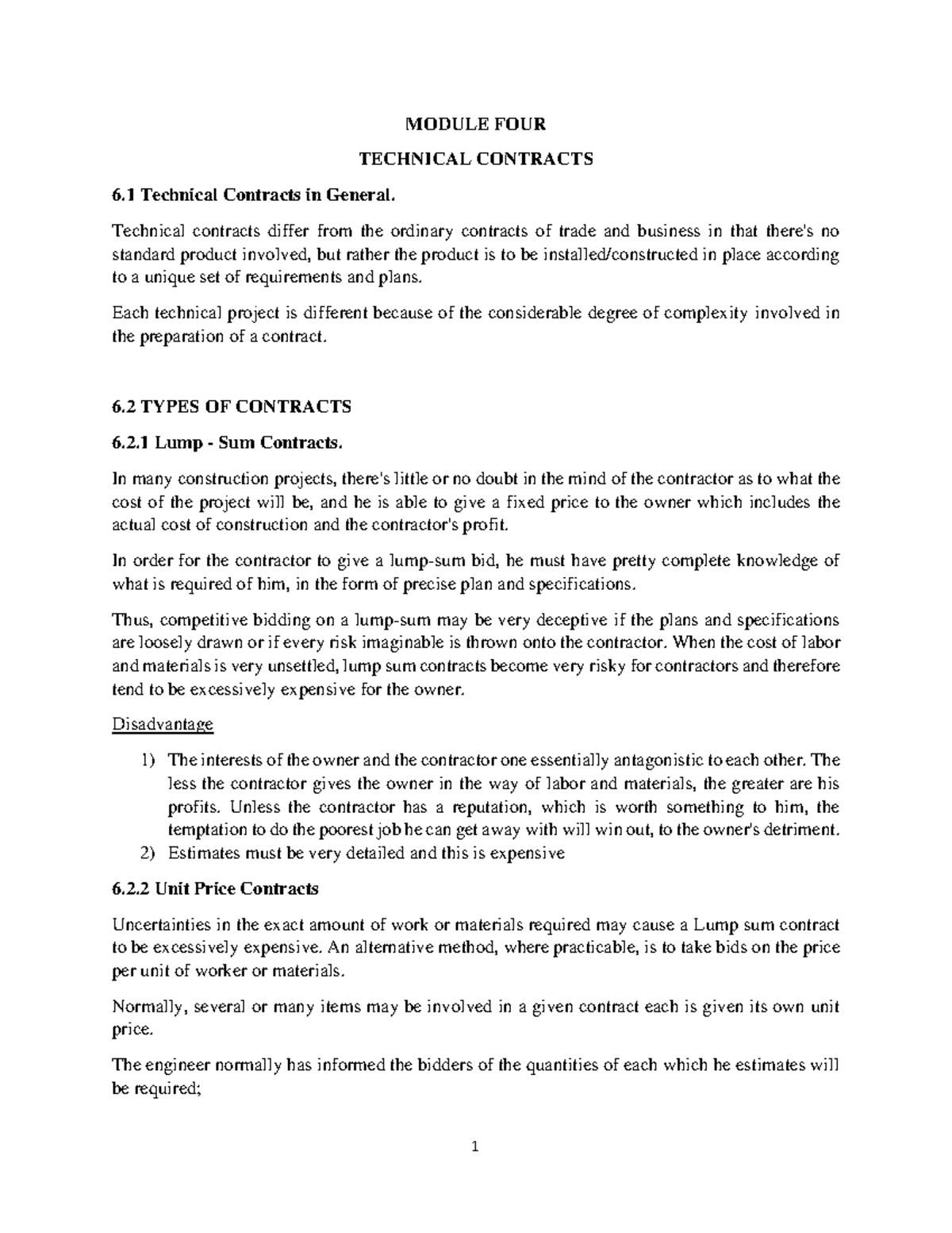Module 4 - Engineering ethics and law - 1 MODULE FOUR TECHNICAL CONTRACTS 6 Technical Contracts ...