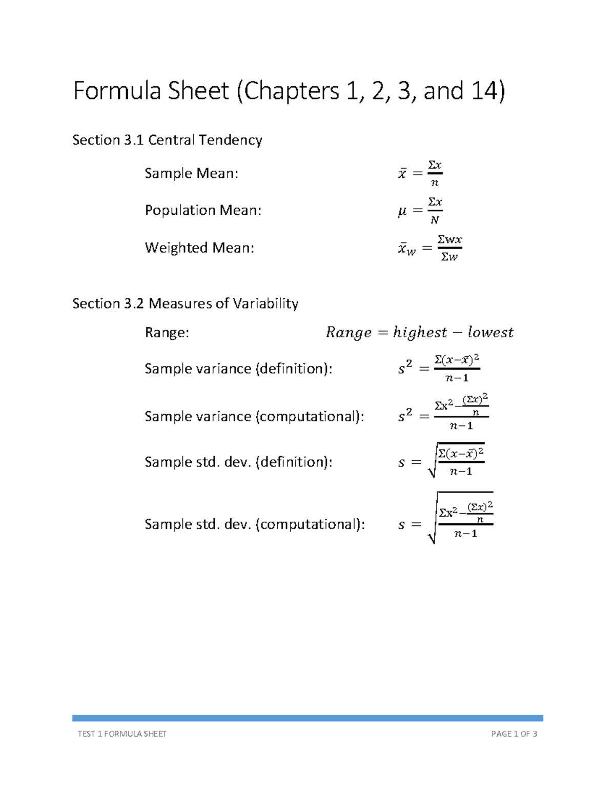 Formula Sheet (Test 1) - Formula Sheet (Chapters 1, 2, 3, and 14 ...