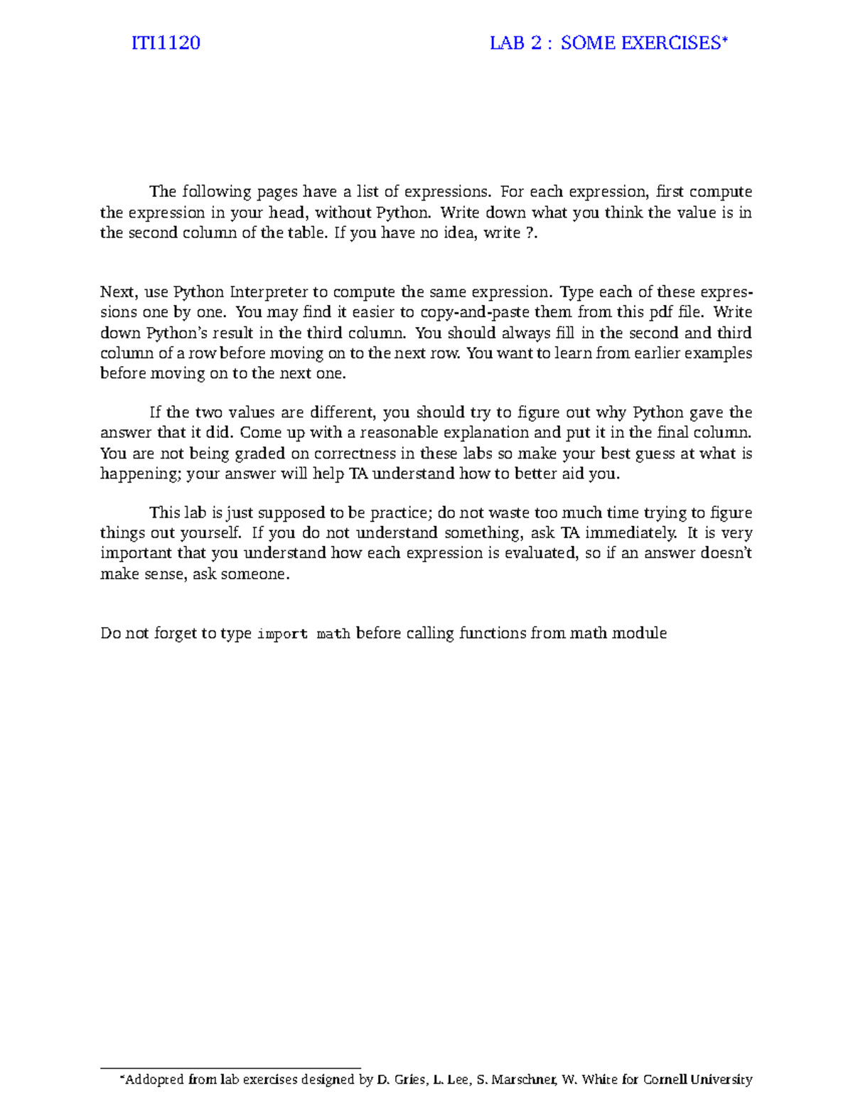 Task1-lab2 - lab 2 - ITI1120 LAB 2 : SOME EXERCISES∗ The following pages have a list of ...