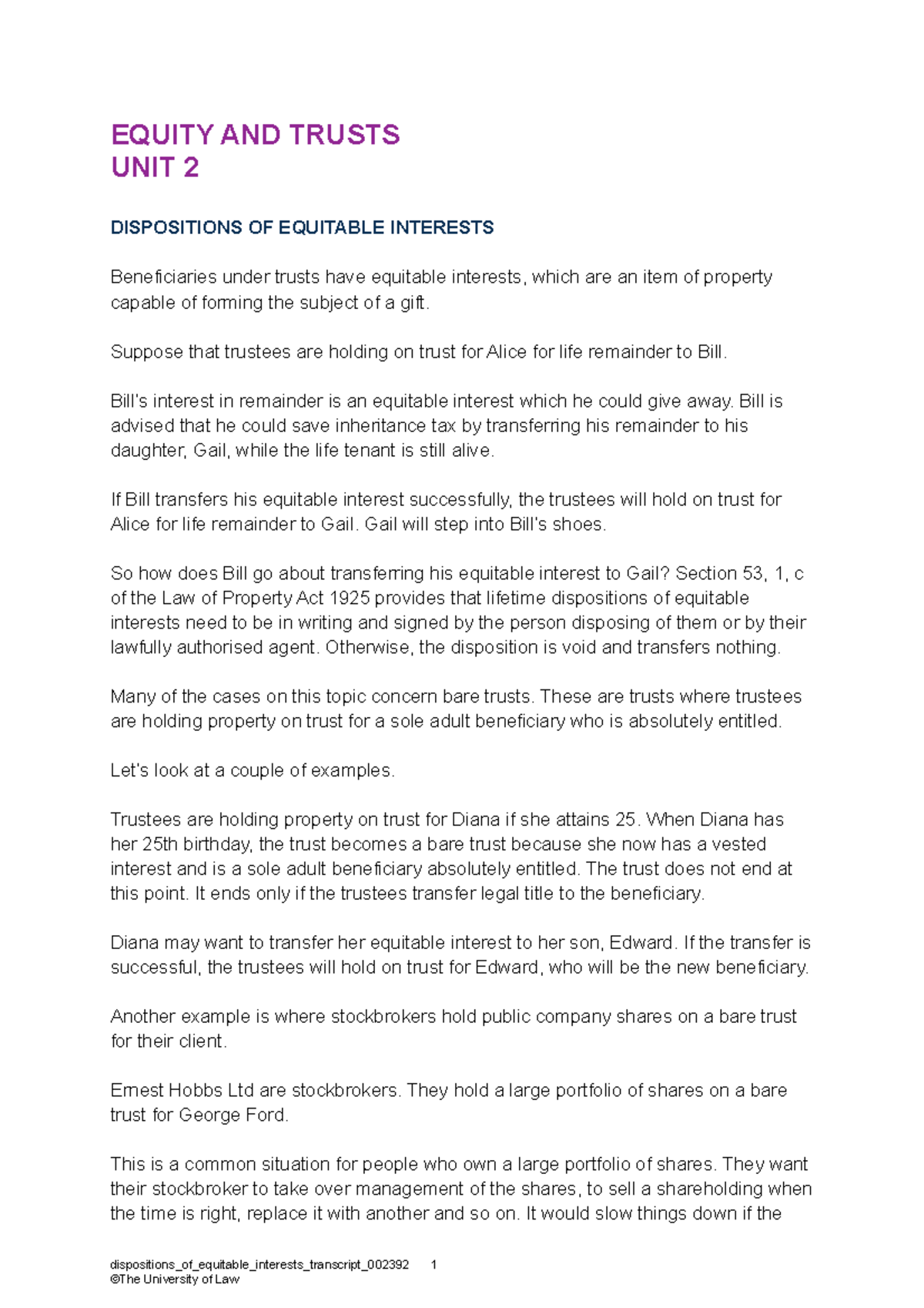 Dispositions of equitable interests transcript 002392 - EQUITY AND TRUSTS UNIT 2 DISPOSITIONS OF ...