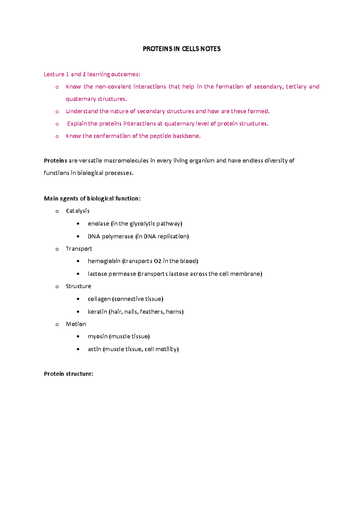 Proteins IN Cells Notes - PROTEINS IN CELLS NOTES Lecture 1 and 2 ...