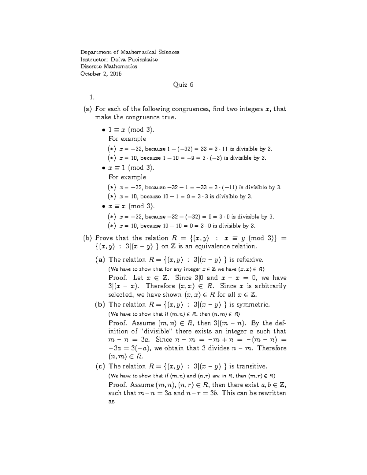 Solution 6 Quiz Discrete Mathematics Fall 2015 6 - Department of ...