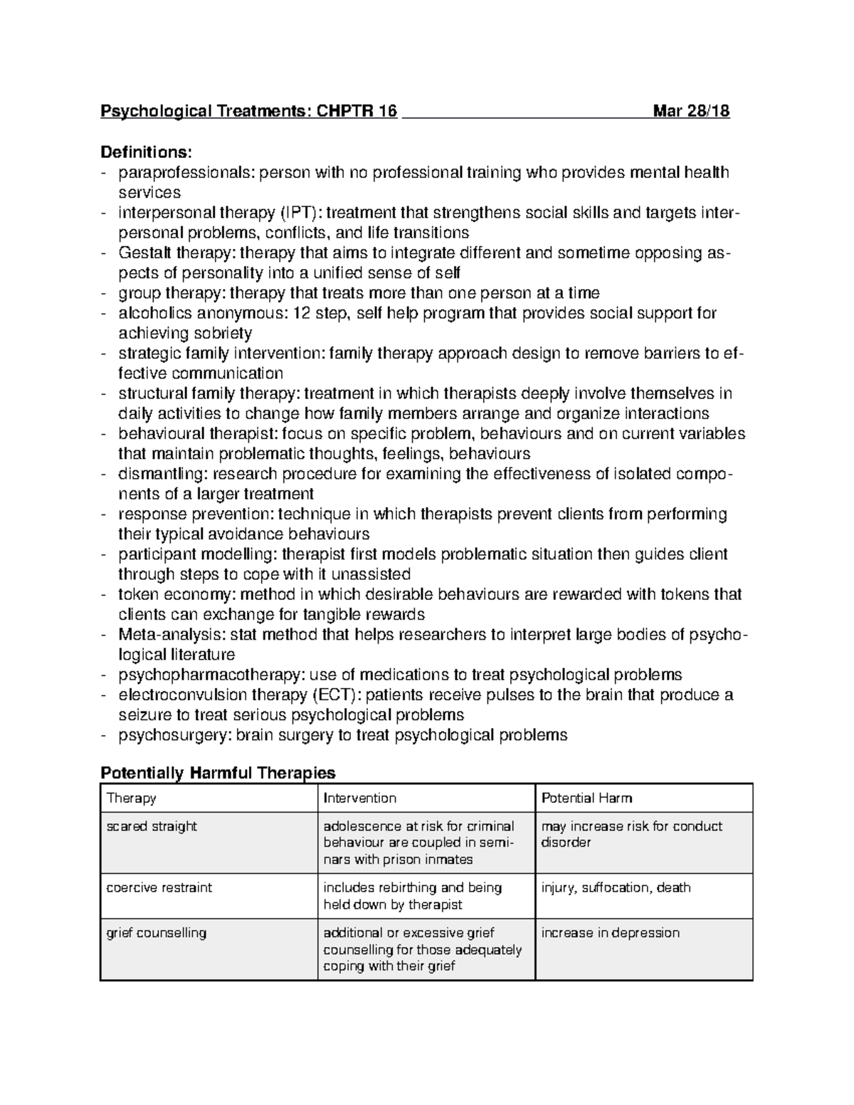 Chapter 16 - Lecture notes lecture 15 - Psychological Treatments: CHPTR ...
