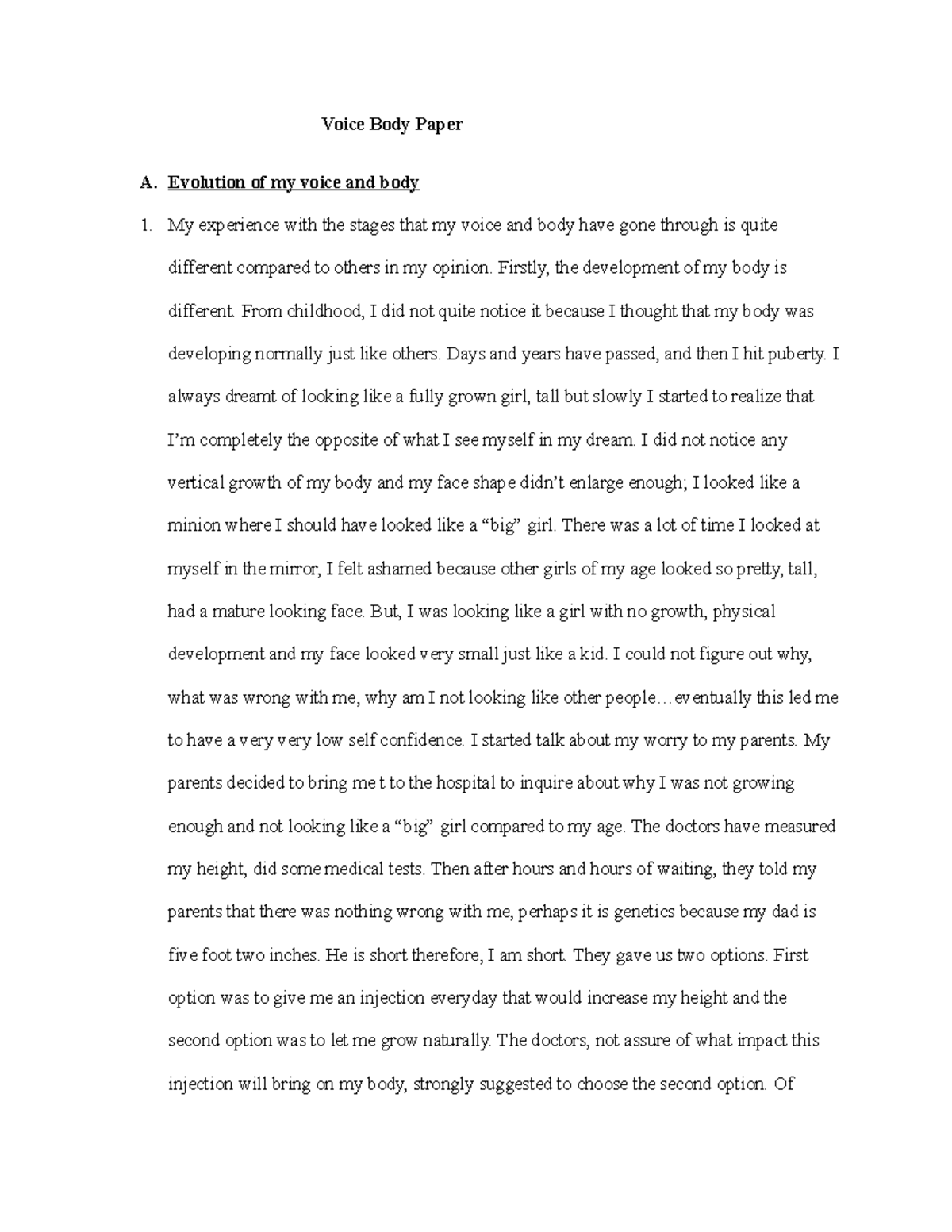 Voice Body Paper - Weekly journals - Voice Body Paper A. Evolution of ...