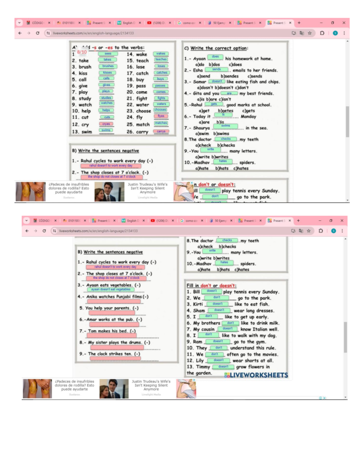 Ingles 1 - CÓDIGO x in Present English (1206) x como CO 50 Ejemp ...