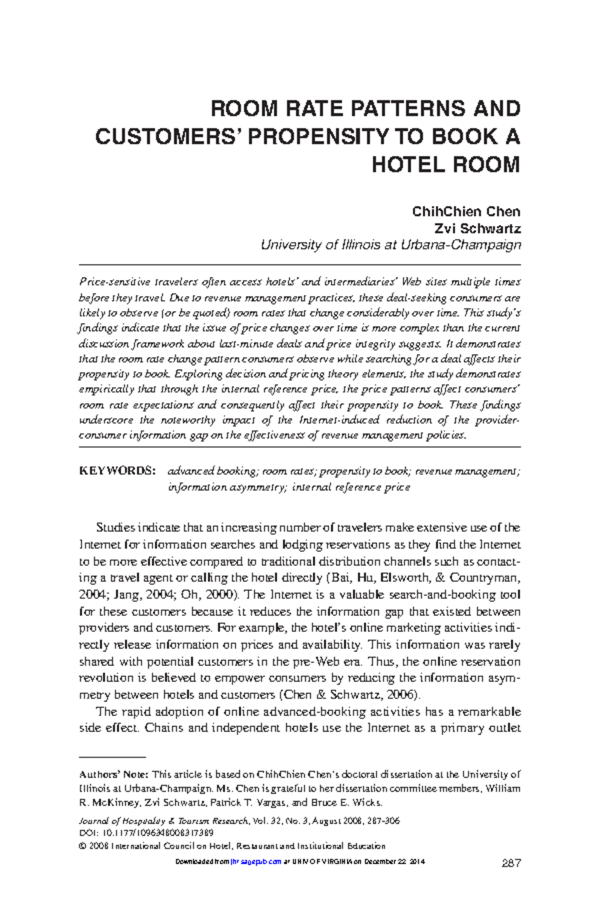 Room Rate Patterns and Customers' Propensity To Book a Hotel Room - 287 ...