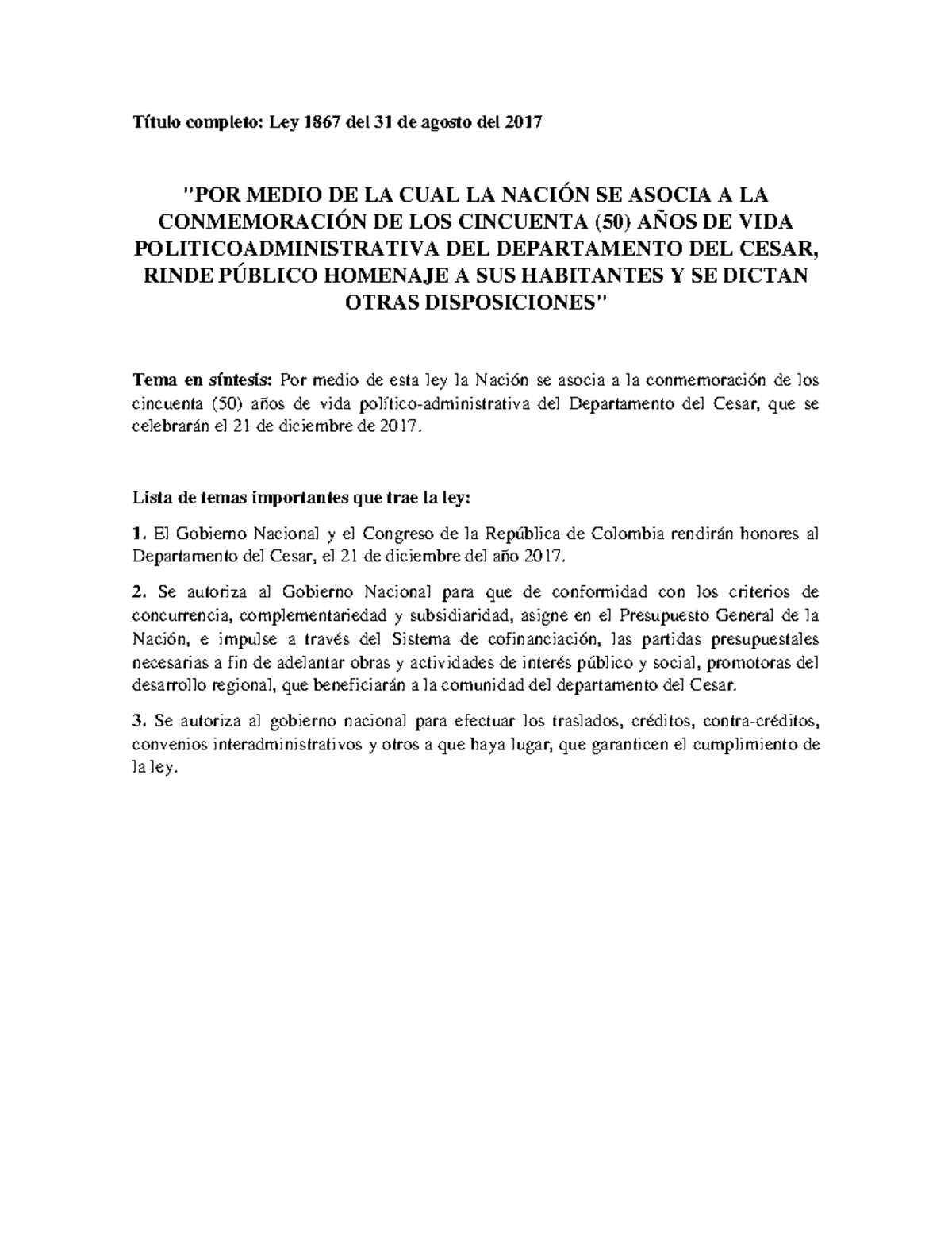 Resumen-ley-1867 - Título completo: Ley 1867 del 31 de agosto del 2017 ...