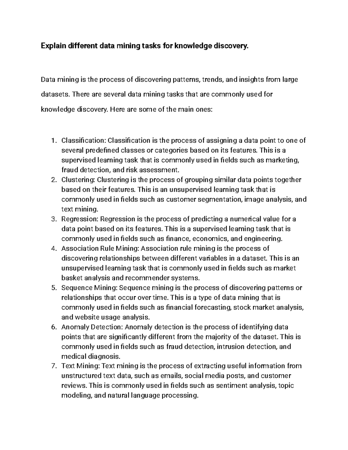 Explain different data mining tasks for knowledge discovery - Data ...