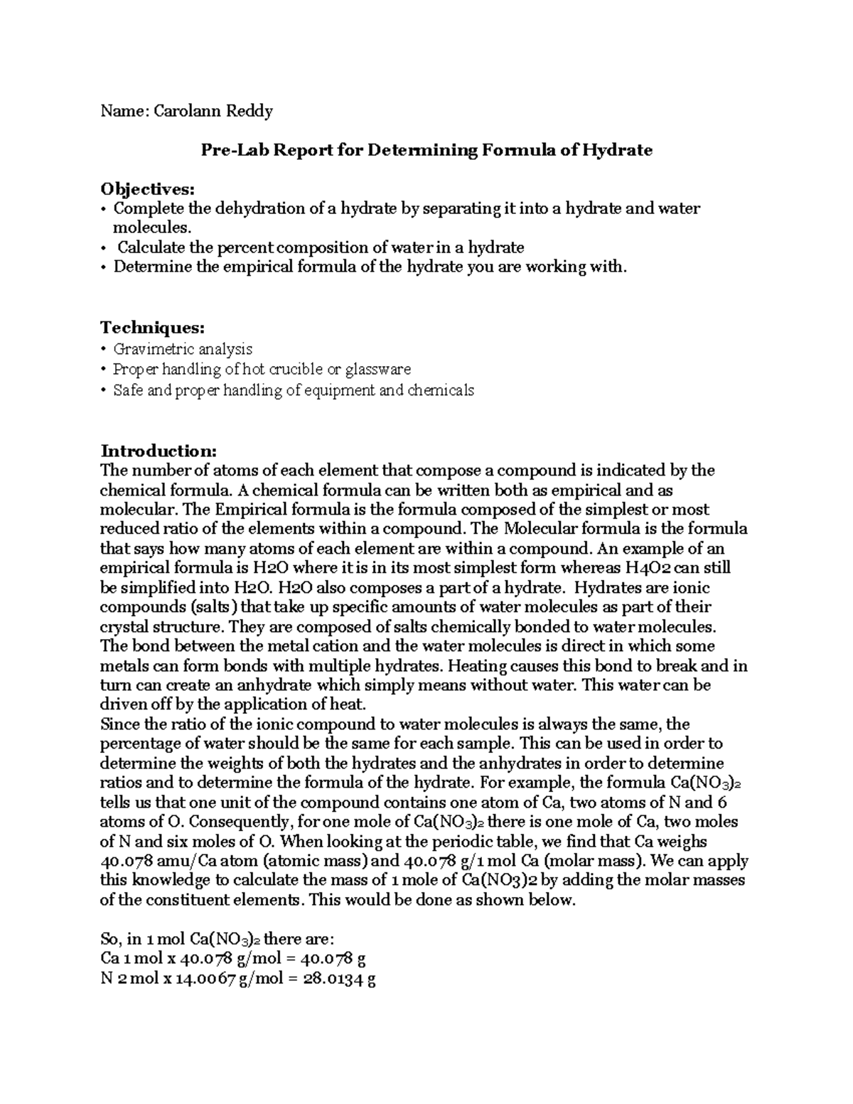 Chem - chemistry lab report - Name: Carolann Reddy Pre-Lab Report for ...