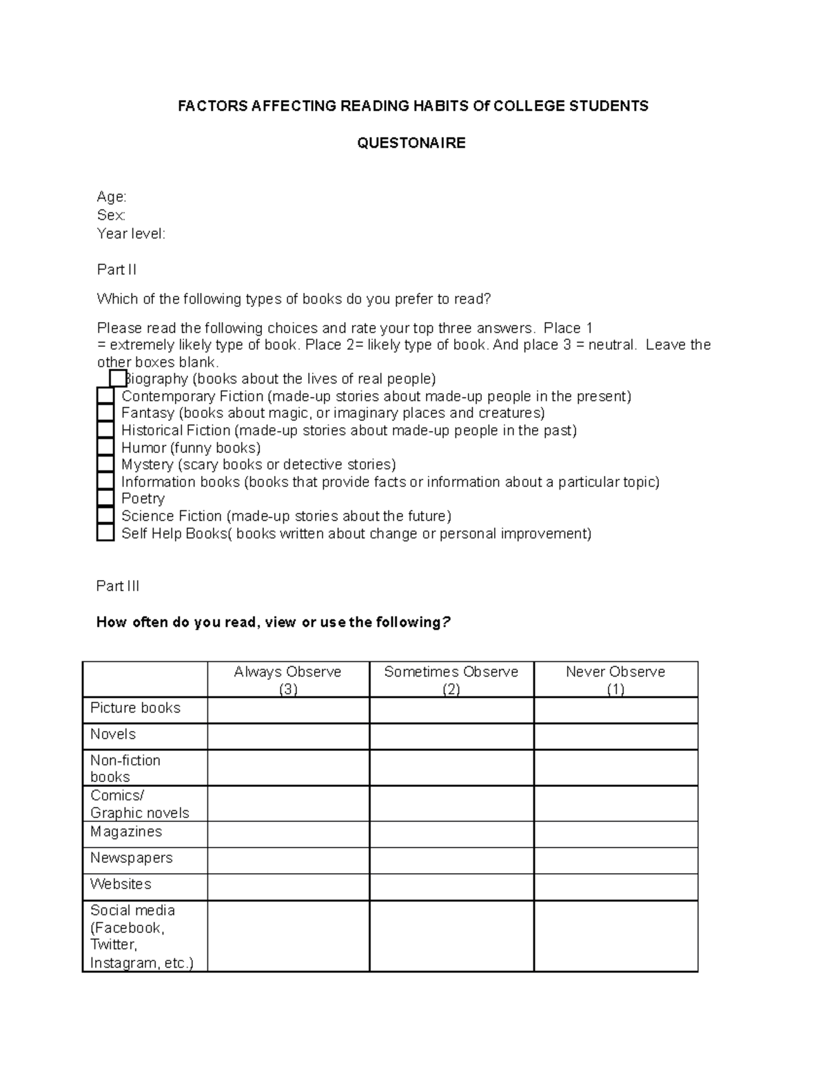 Revised-Questioniares Research - FACTORS AFFECTING READING HABITS Of ...