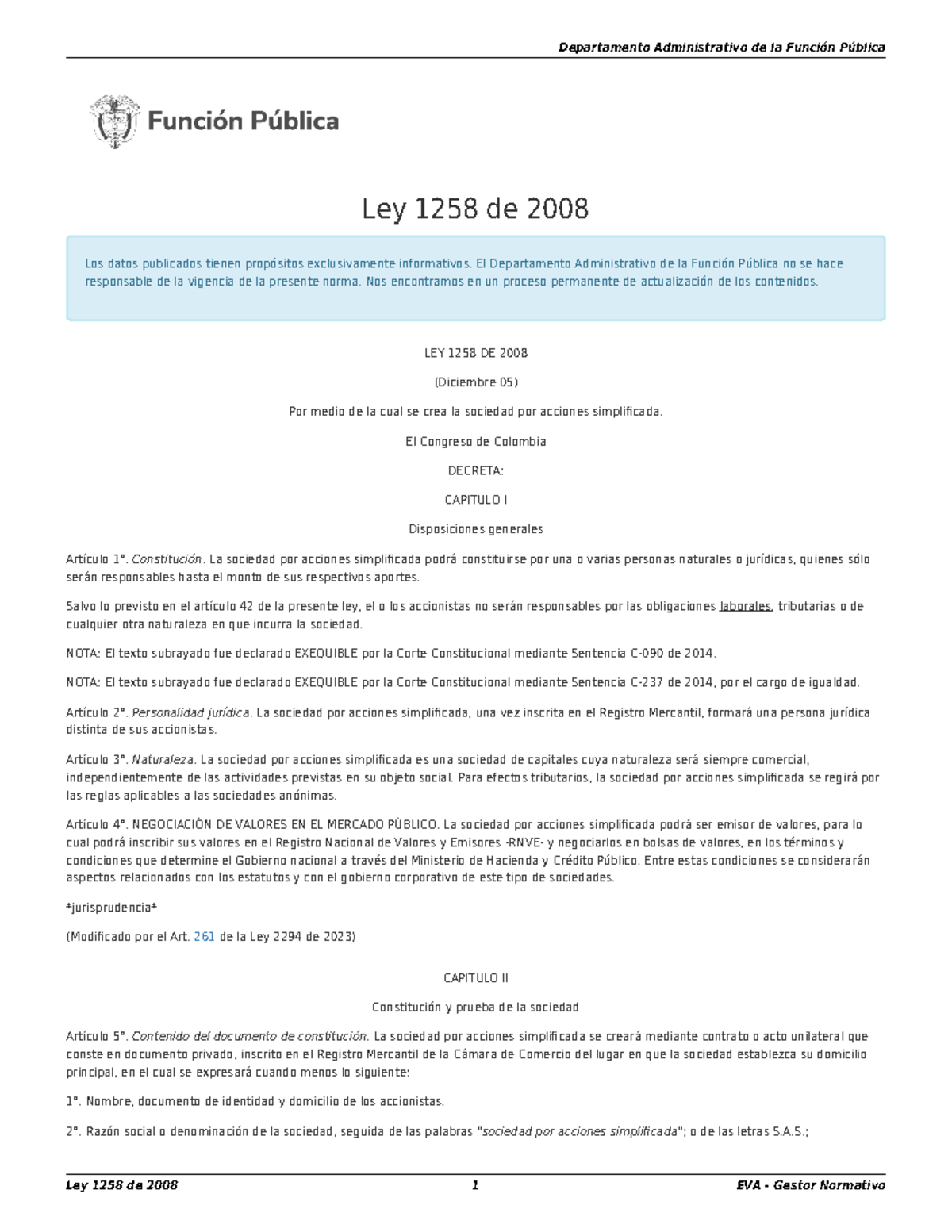 Ley 1258 de 2008 sociedades por acciones simplificadas - Ley 1258 de ...