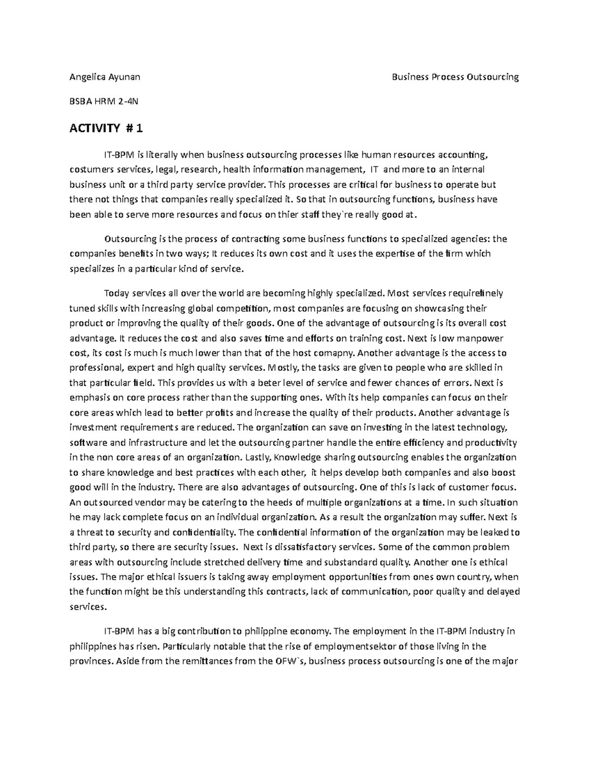 Business process outsourcing module answers - Angelica Ayunan Business ...