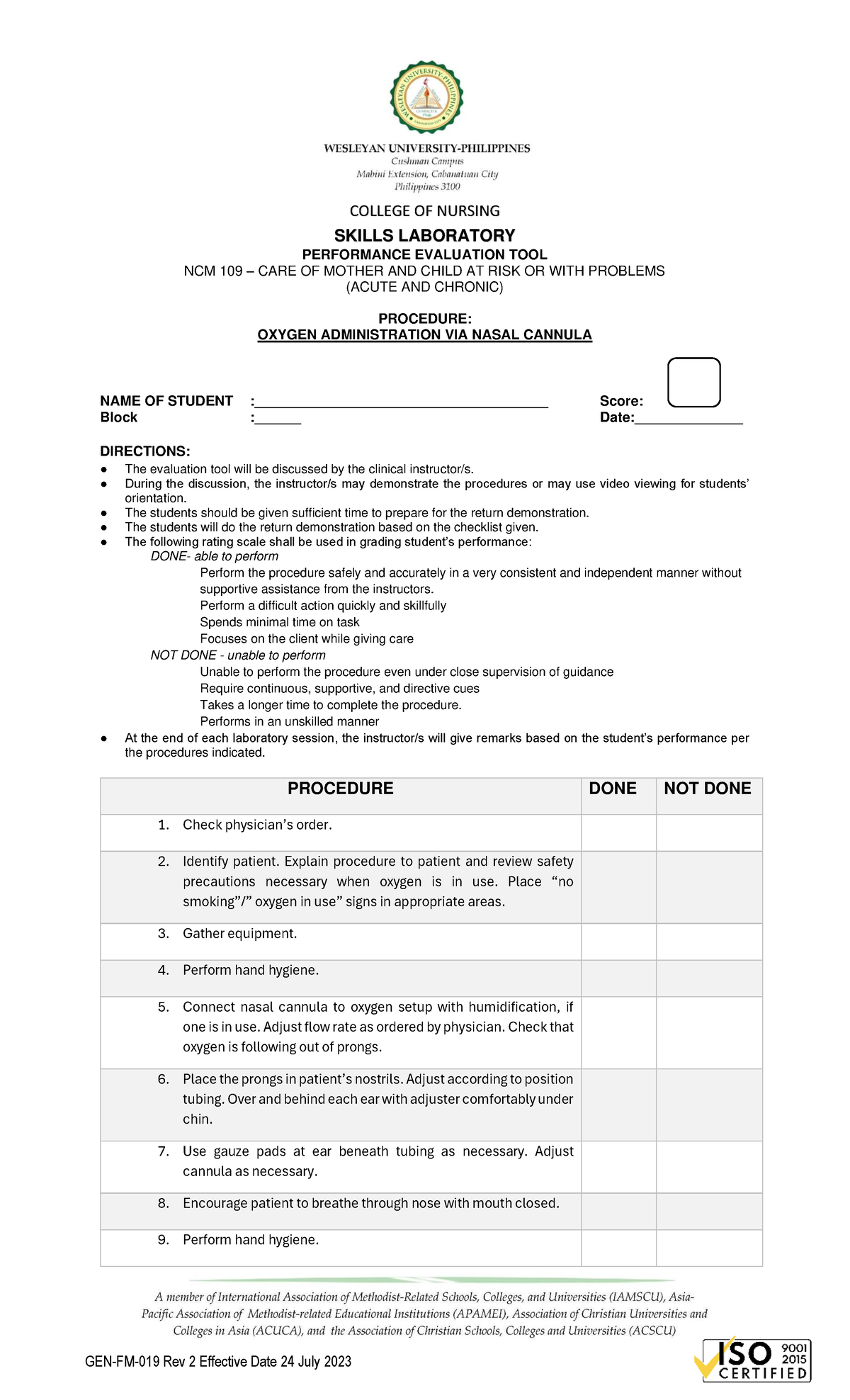 Oxygen Administration VIA Nasal Cannula - COLLEGE OF NURSING GEN-FM-019 ...