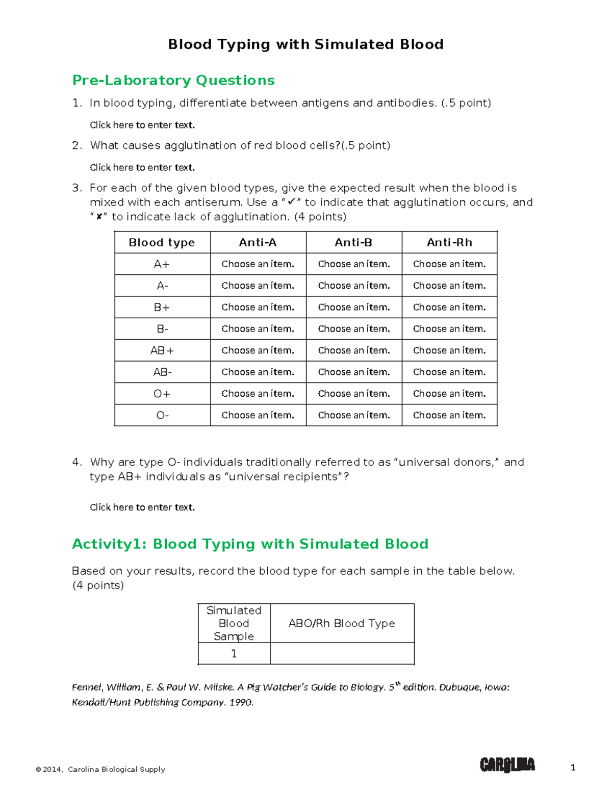 M11 Lab Report - bio answer chekc them out - ©2014, Carolina Biological ...