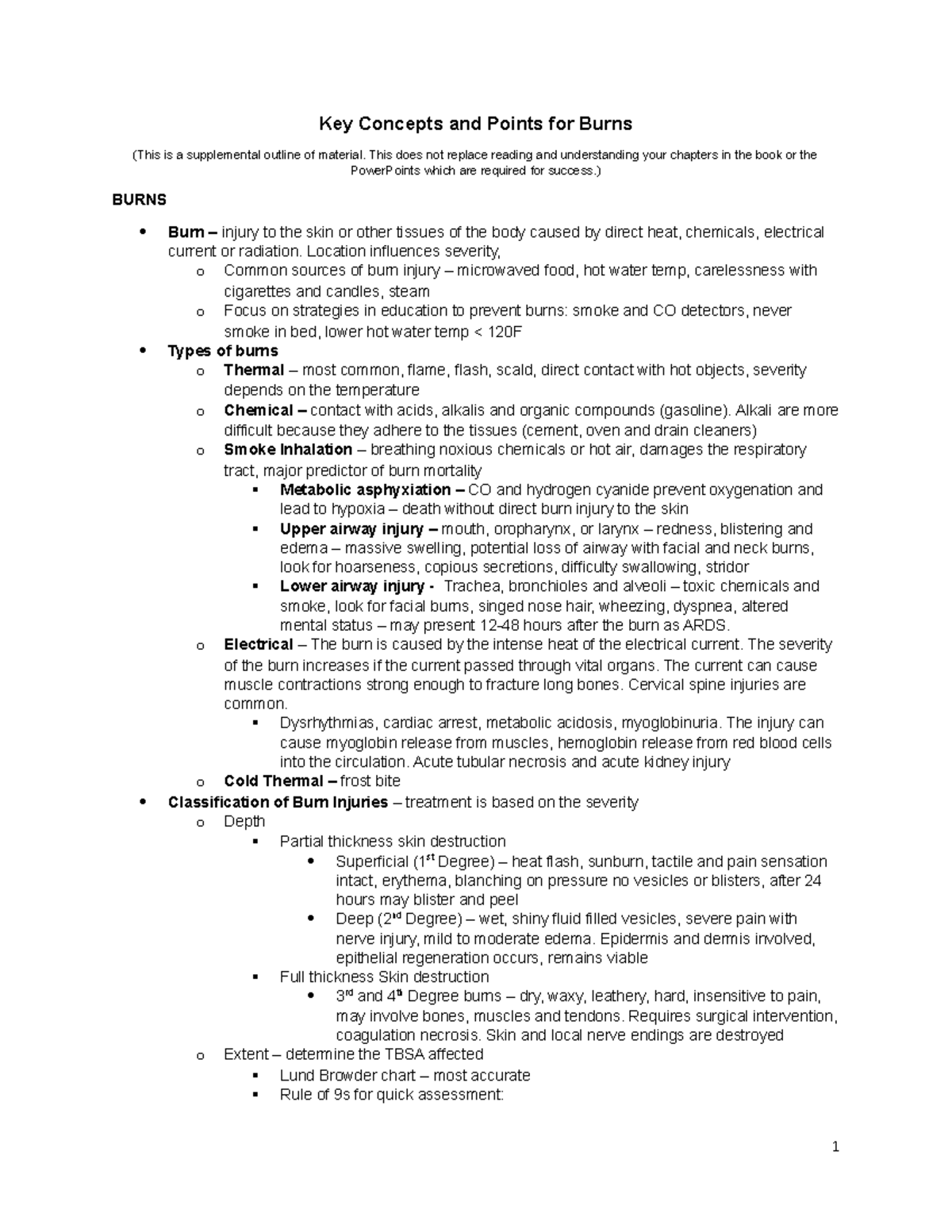 Key Concepts and Points Burns - Key Concepts and Points for Burns (This ...