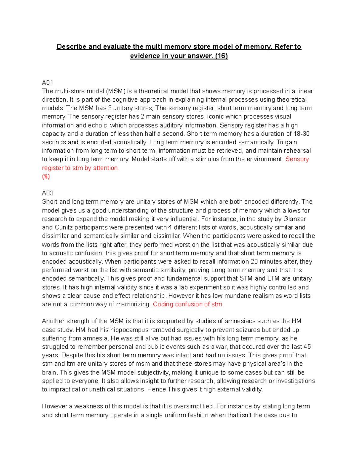 MSM 16 marker - new spec aqa - Describe and evaluate the multi memory store model of memory ...
