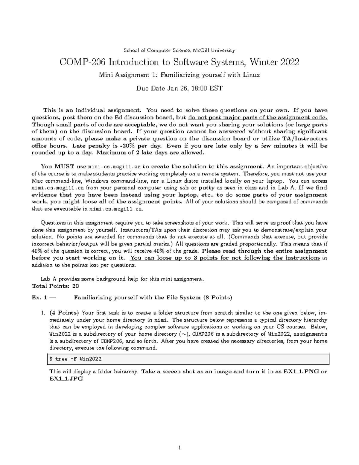 Mini Assignment 1 W2022 - School of Computer Science, McGill University COMP-206 Introduction to ...