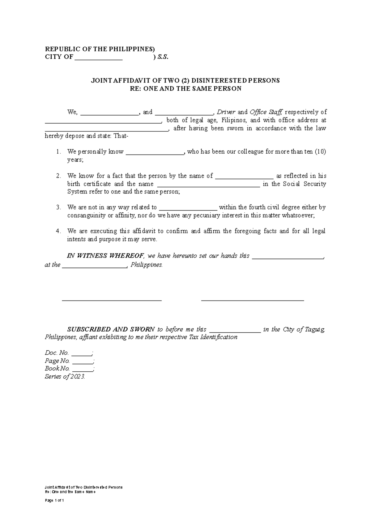 Affidavit of Two Disinterested Persons - Format - REPUBLIC OF THE ...