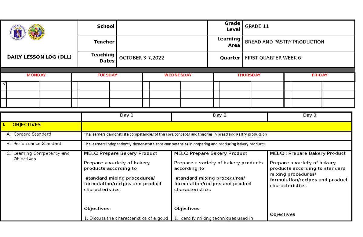 BPP WEEK 6 - thank you - DAILY LESSON LOG (DLL) School Grade Level ...
