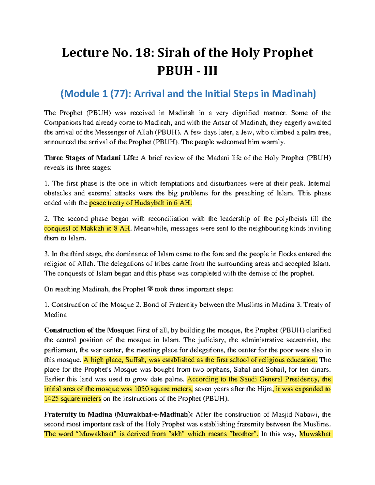 Handouts Lecture 18 ISL 202 (English) - Lecture No. 18: Sirah of the Holy Prophet PBUH - III ...