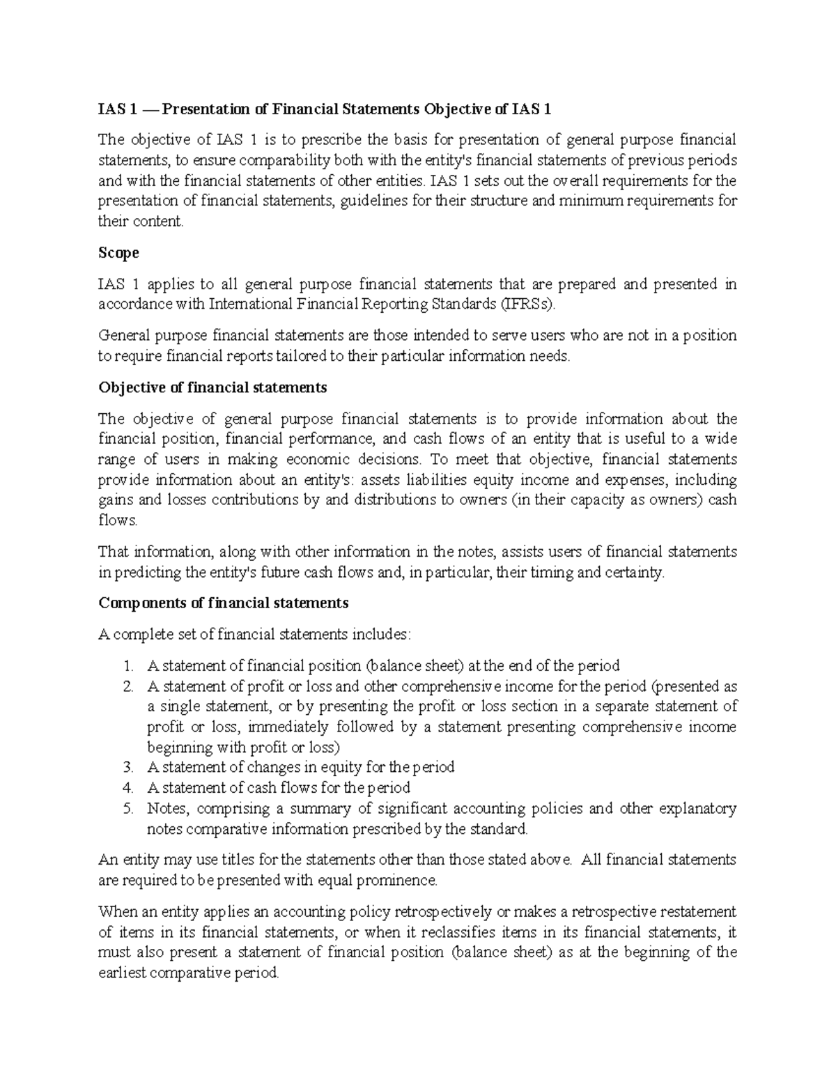 IAS 1 Notes - IAS 1 — Presentation of Financial Statements Objective of ...