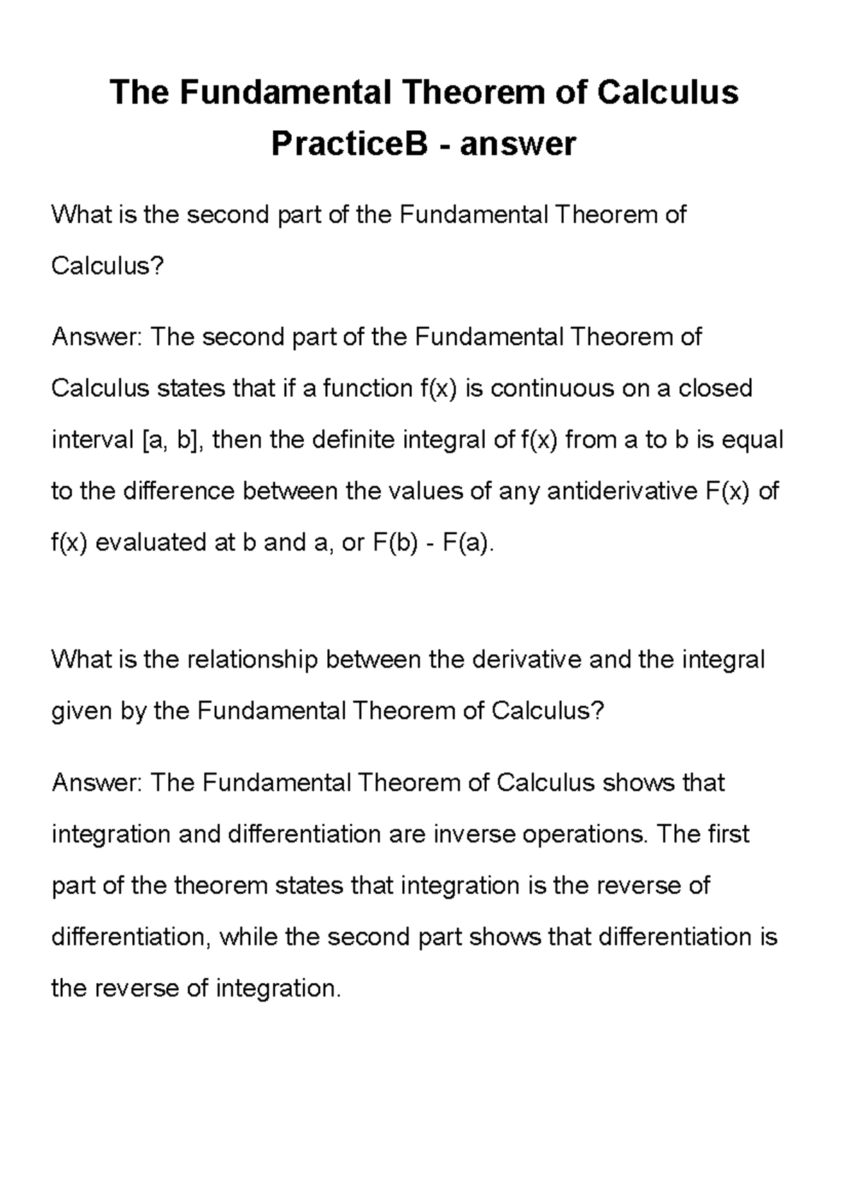 The Fundamental Theorem of Calculus Practice B - answer - The ...