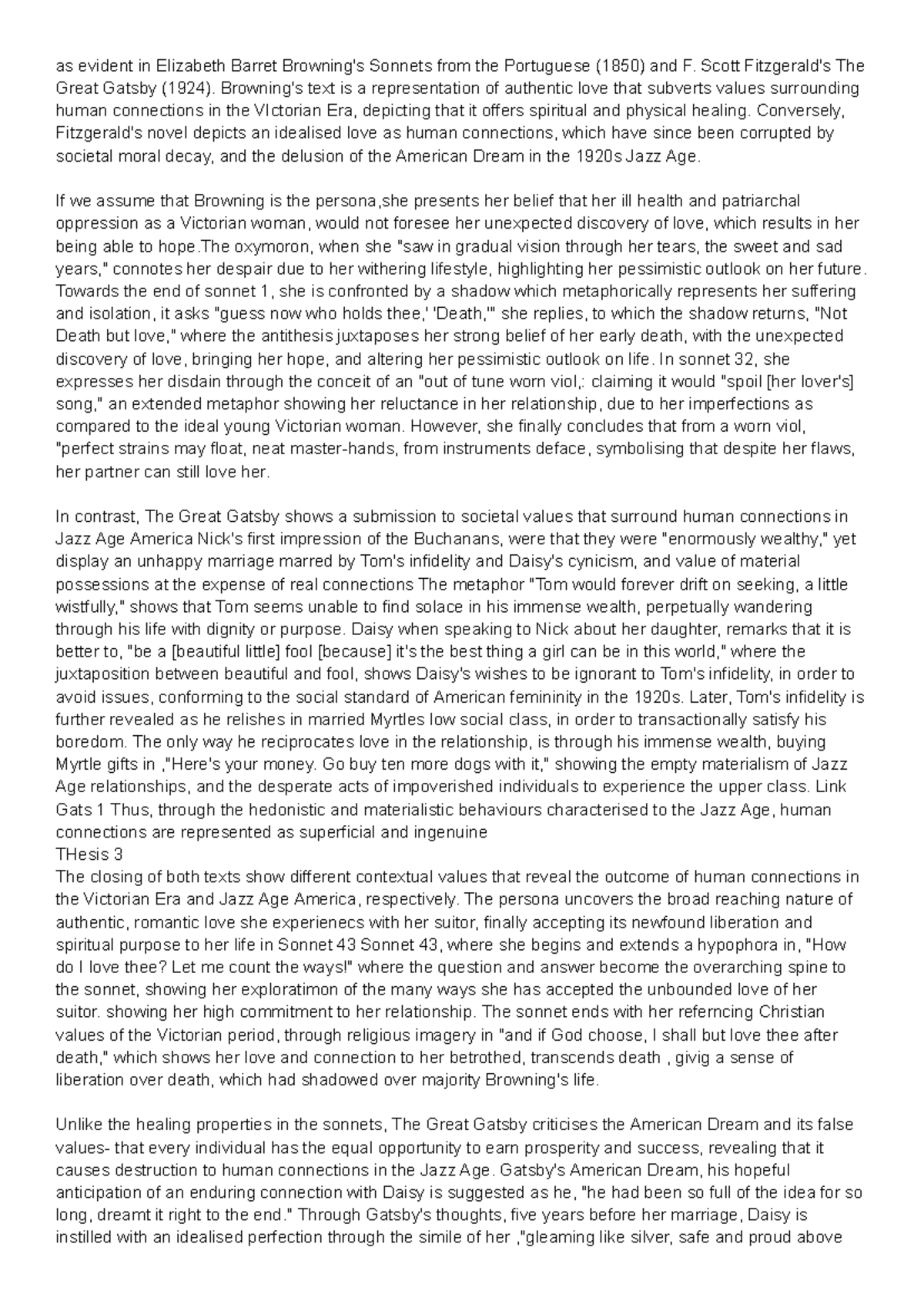 The Great Gatsby & Browning's Sonnets Comparative Essay - as evident in ...