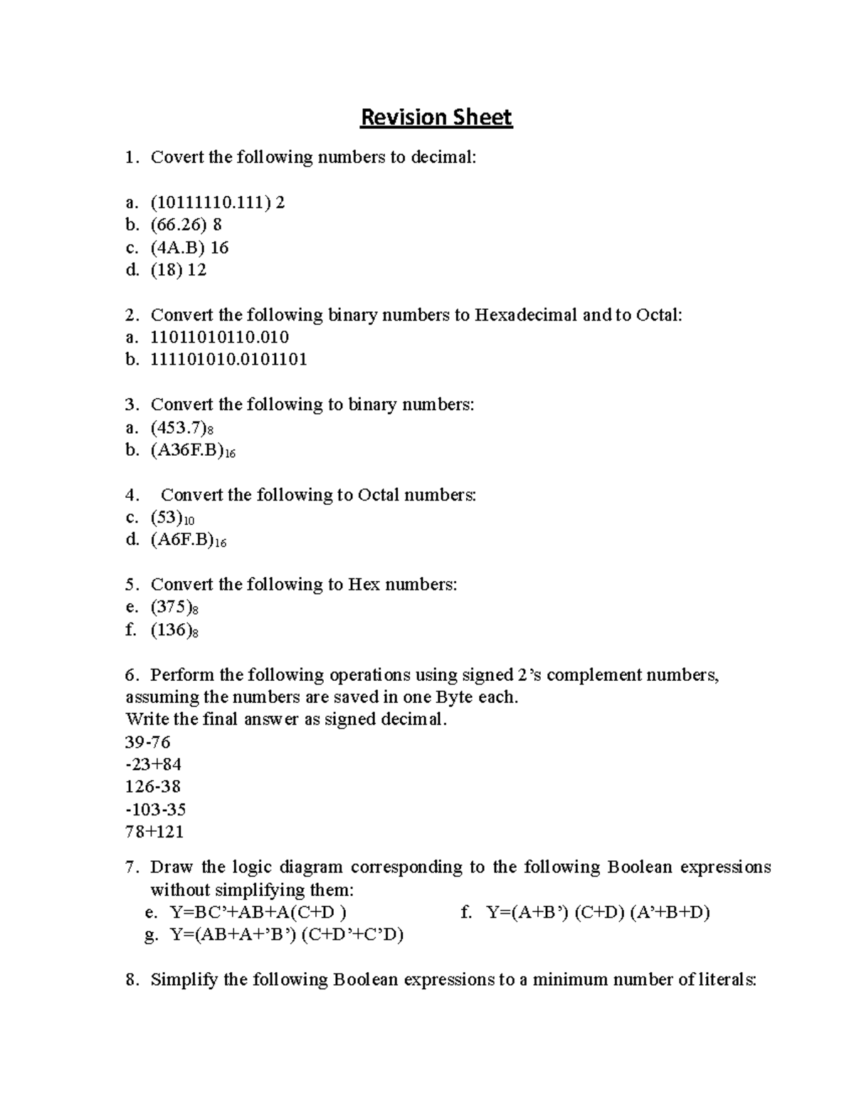 Revision-1 - practice - Revision Sheet Covert the following numbers to ...
