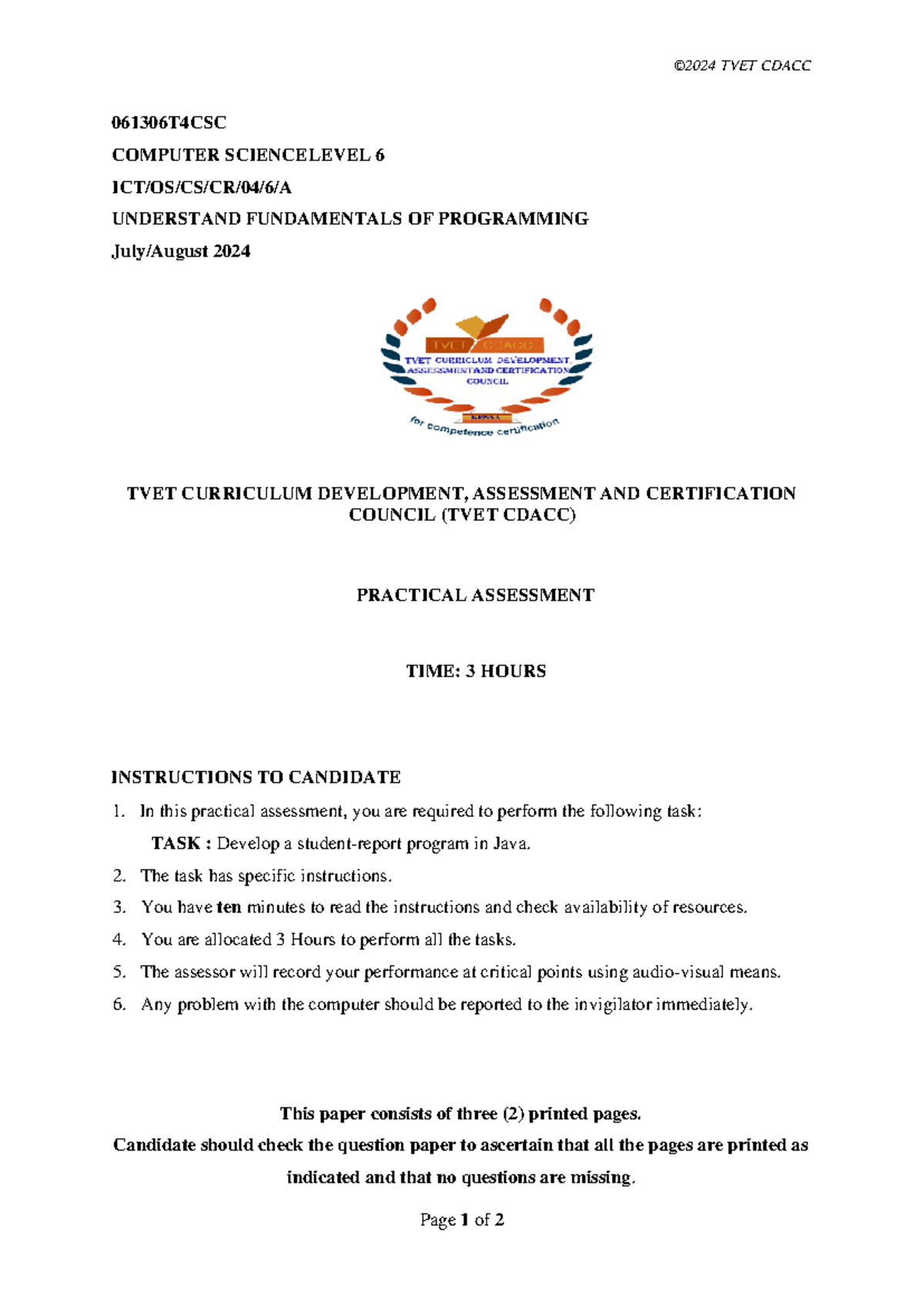 J AVA Practical TVET Sample - ©2024 TVET CDACC Page 1 of 2 061306T4CSC ...