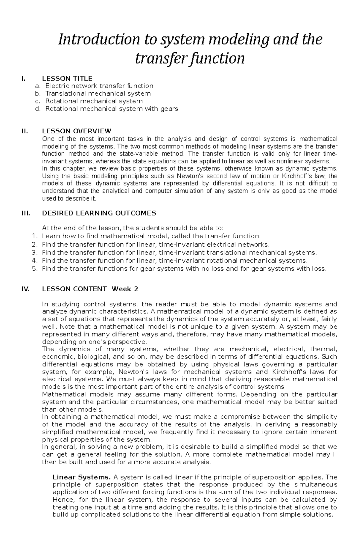 Module 2-Introduction to system modeling and the transfer function ...