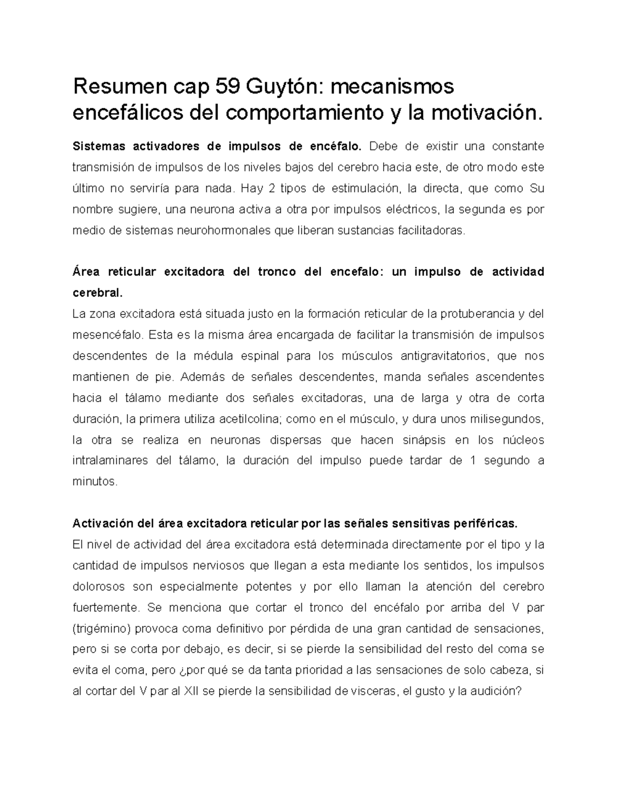 Resumen capítulo 59 Guyotn - Resumen cap 59 Guytón: mecanismos encefálicos del comportamiento y ...