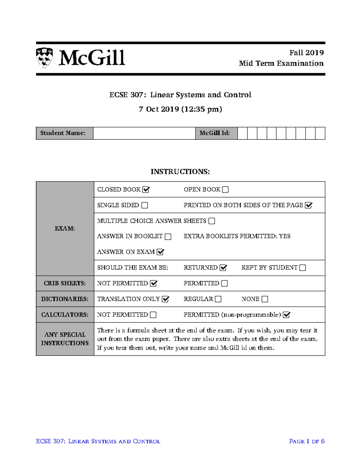 linear systems and control m1 s - Fall 2019 Mid Term Examination ECSE 307: Linear Systems and ...