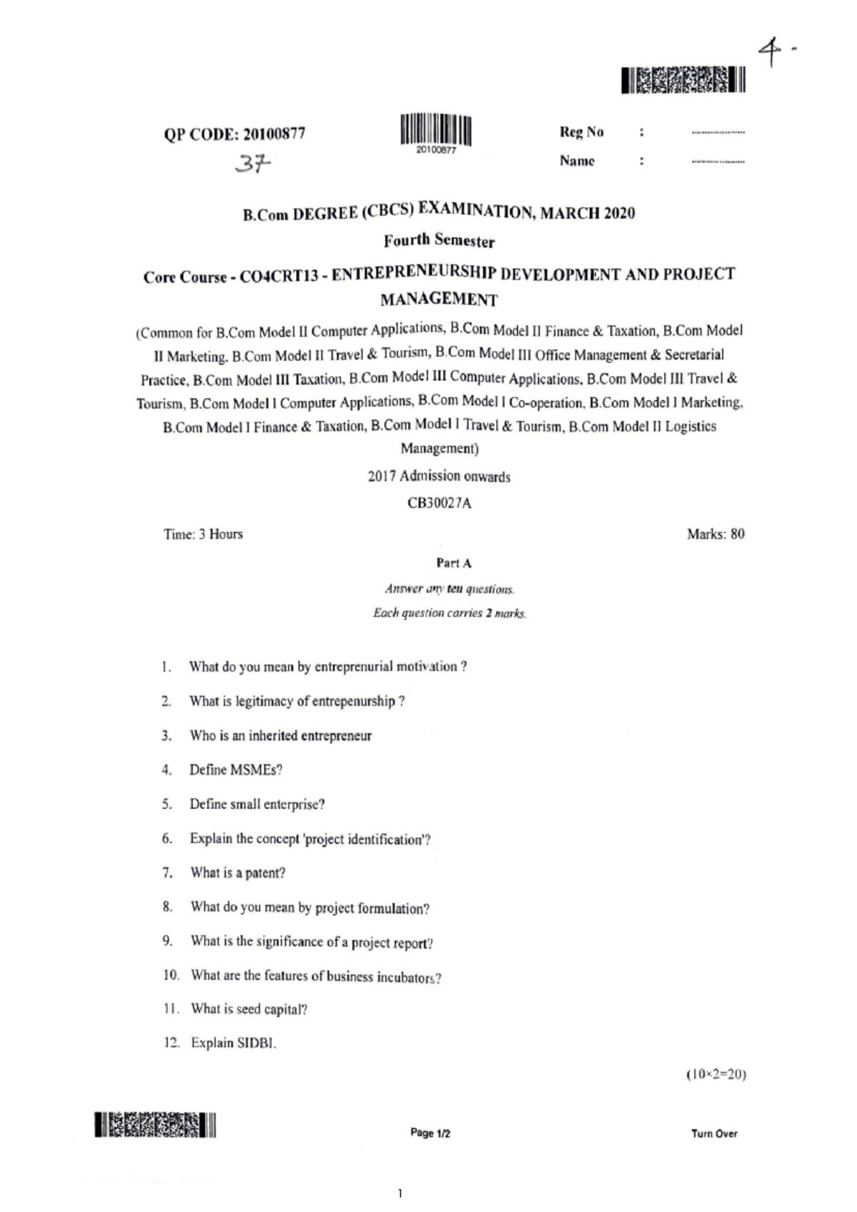 EDPM QP merged - QP CODE: 20100877 Reg No : 20100877 37 Name : B DEGREE (CBCS) EXAMINATION ...