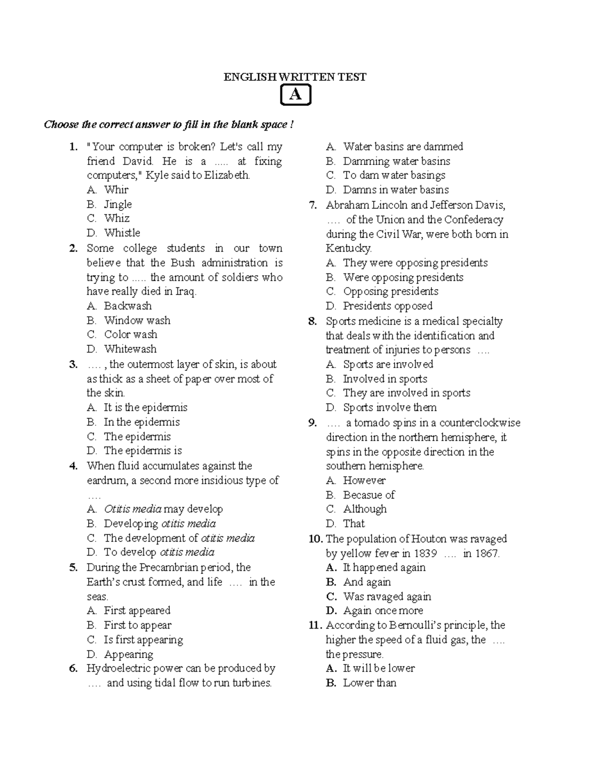 [ English] Written Test A - ENGLISH WRITTEN TEST A Choose the correct ...
