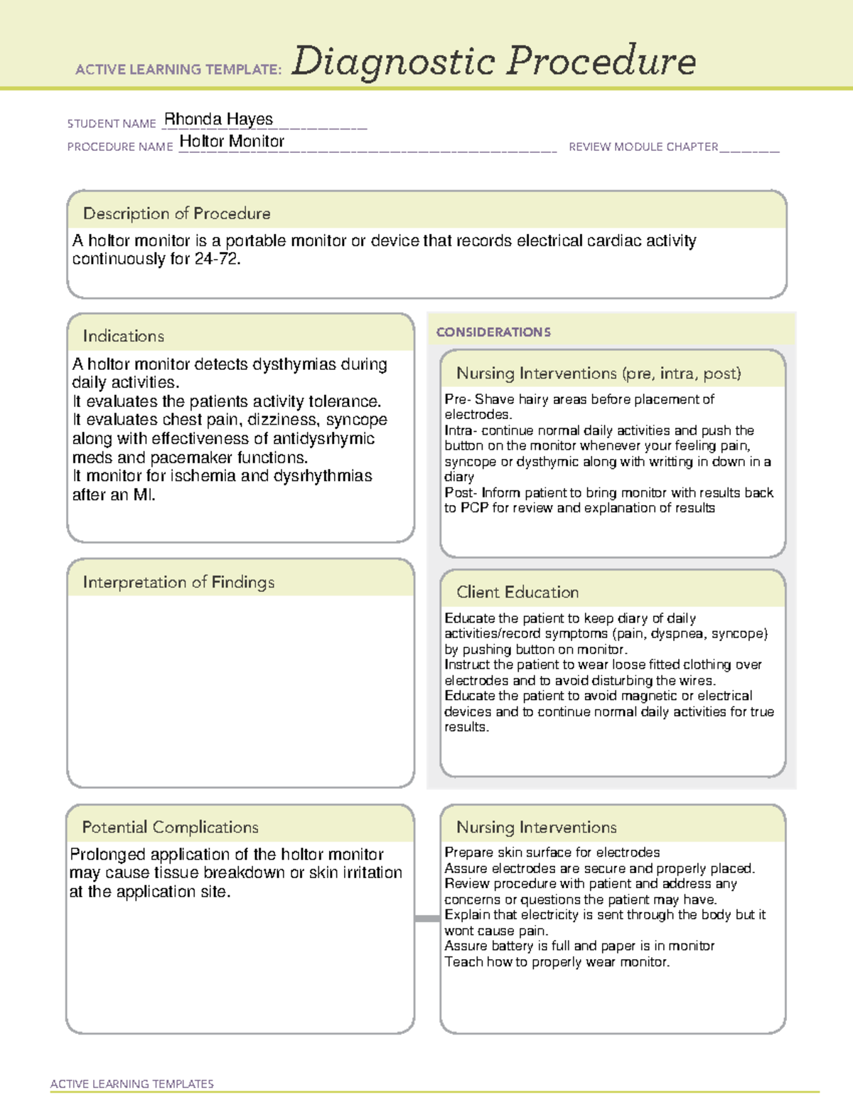 CT holtor monitor - Ati - ACTIVE LEARNING TEMPLATES Diagnostic ...
