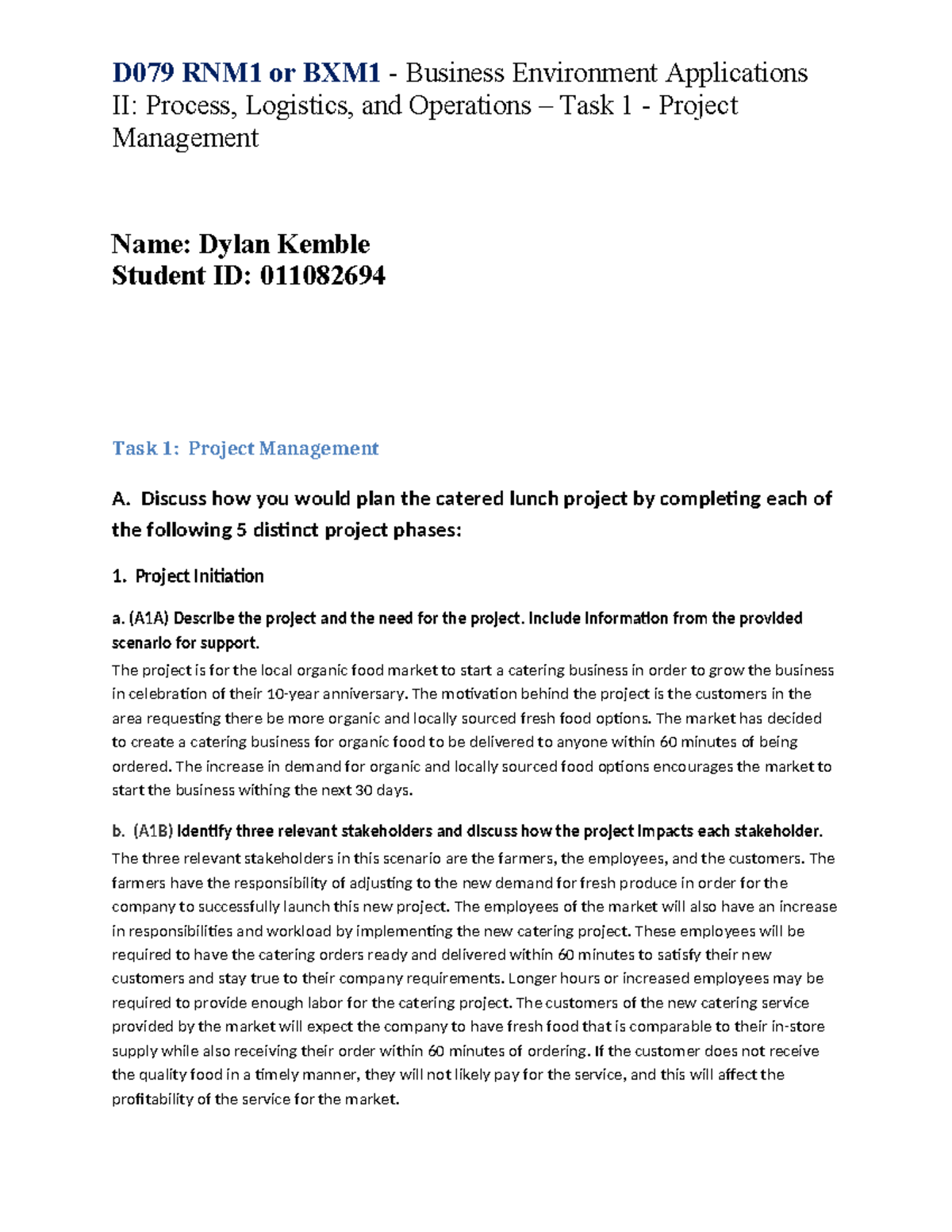 D079 Task 1 - D079 Task 1 - D079 RNM1 or BXM1 - Business Environment ...