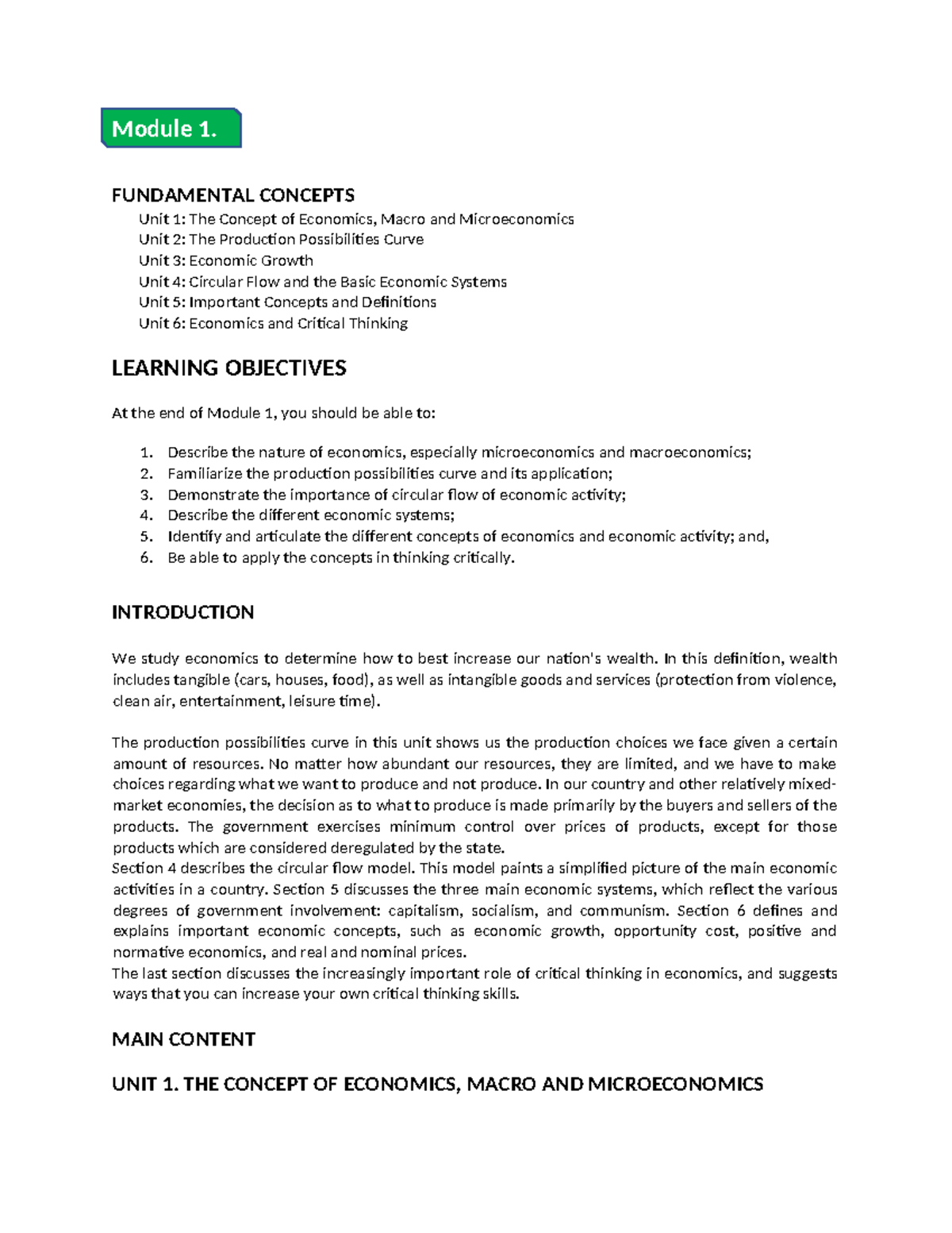Microeconomics Module 1 - Module 1. FUNDAMENTAL CONCEPTS Unit 1: The ...
