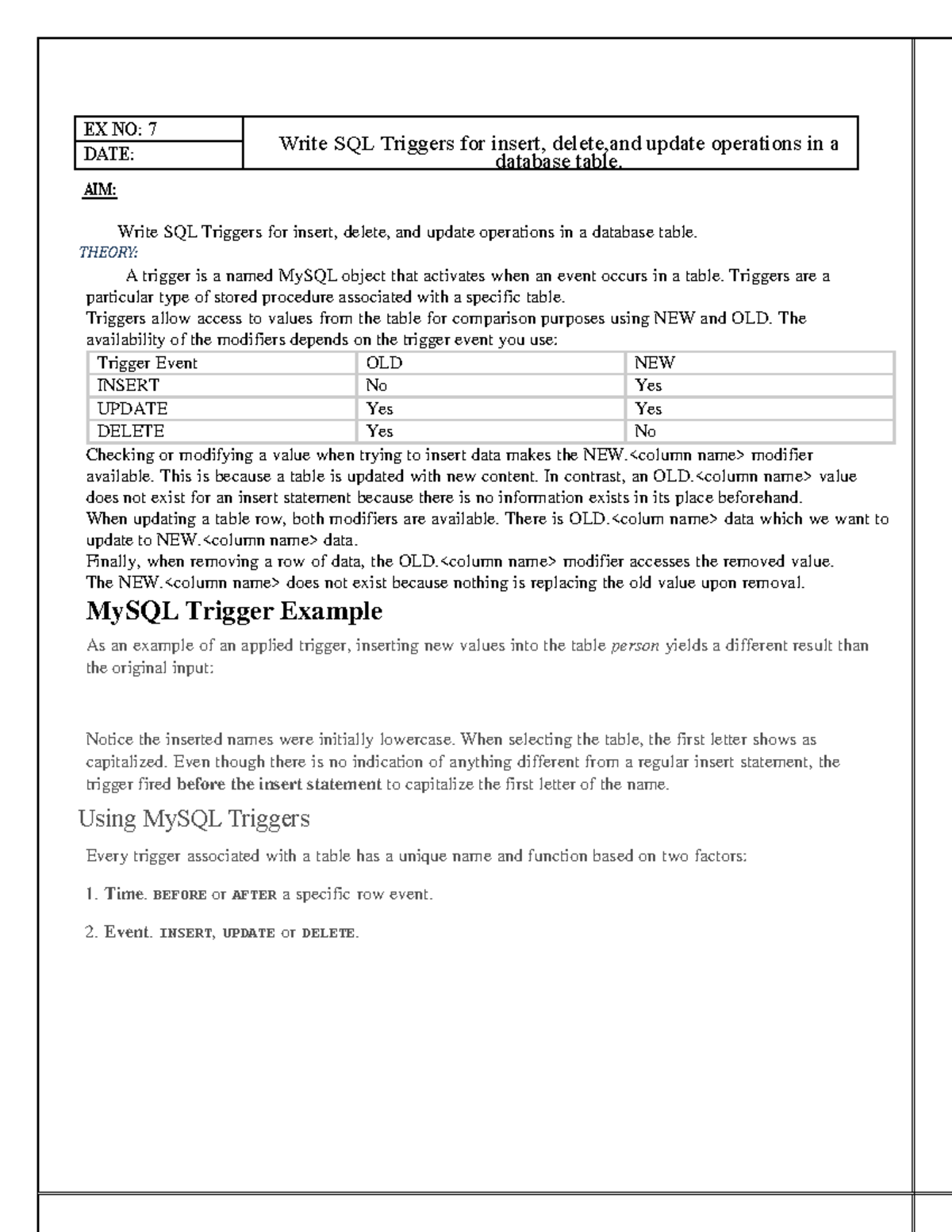 MDT manual - AIM: Write SQL Triggers for insert, delete, and update ...