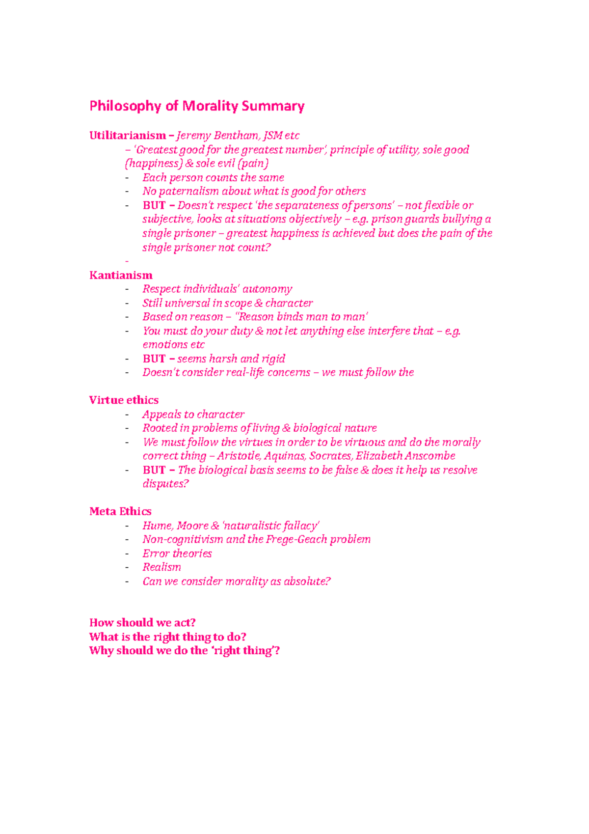 Philosophy of Morality Summary - Philosophy of Morality Summary ...