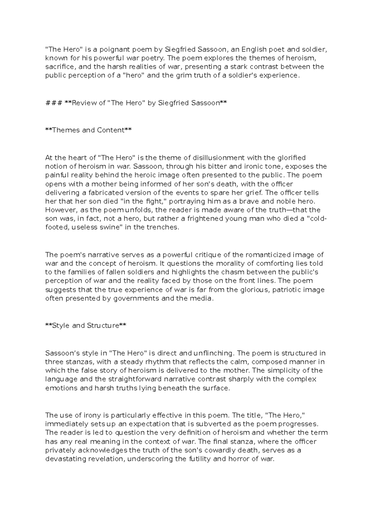 Review 2 - wew - "The Hero" is a poignant poem by Siegfried Sassoon, an ...