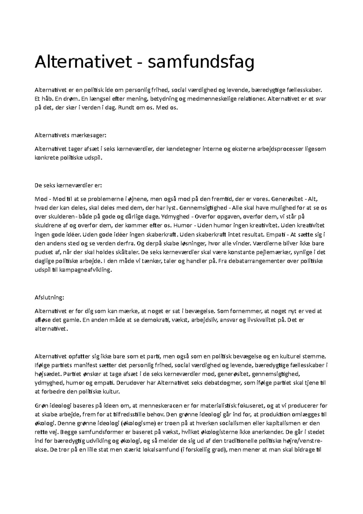 Det politiske parti - Alternativet - Alternativet - samfundsfag ...