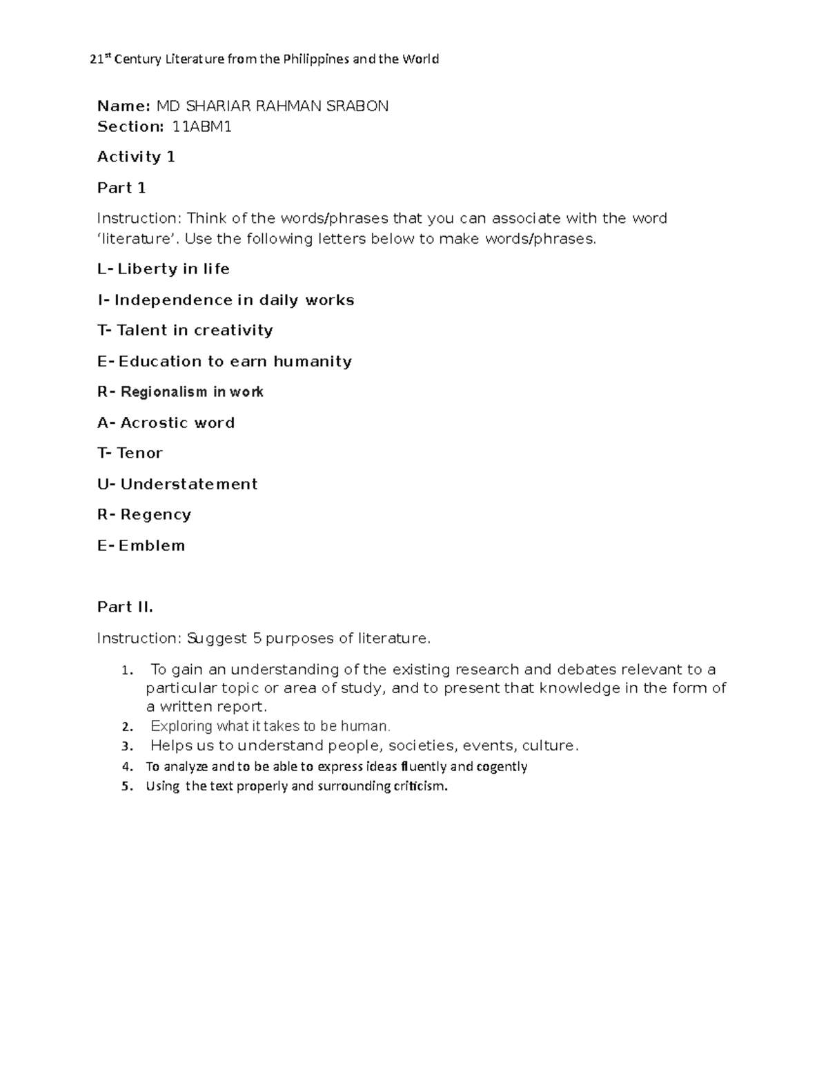 Srabon 21ST Activity 1 - 21 st Century Literature from the Philippines ...