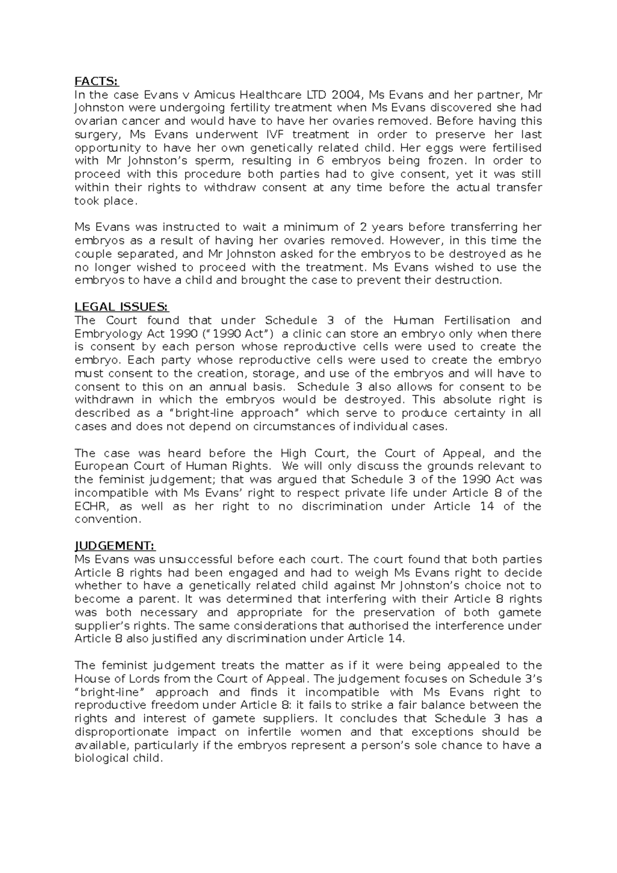 Evans v Amicus Healthcare case summary - FACTS: In the case Evans v ...