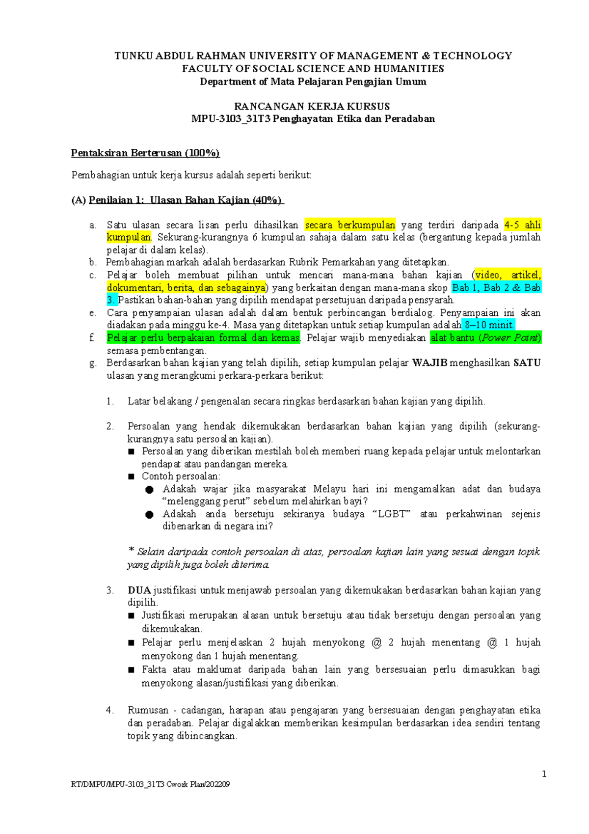 Rancangan kerja kursus - TUNKU ABDUL RAHMAN UNIVERSITY OF MANAGEMENT ...