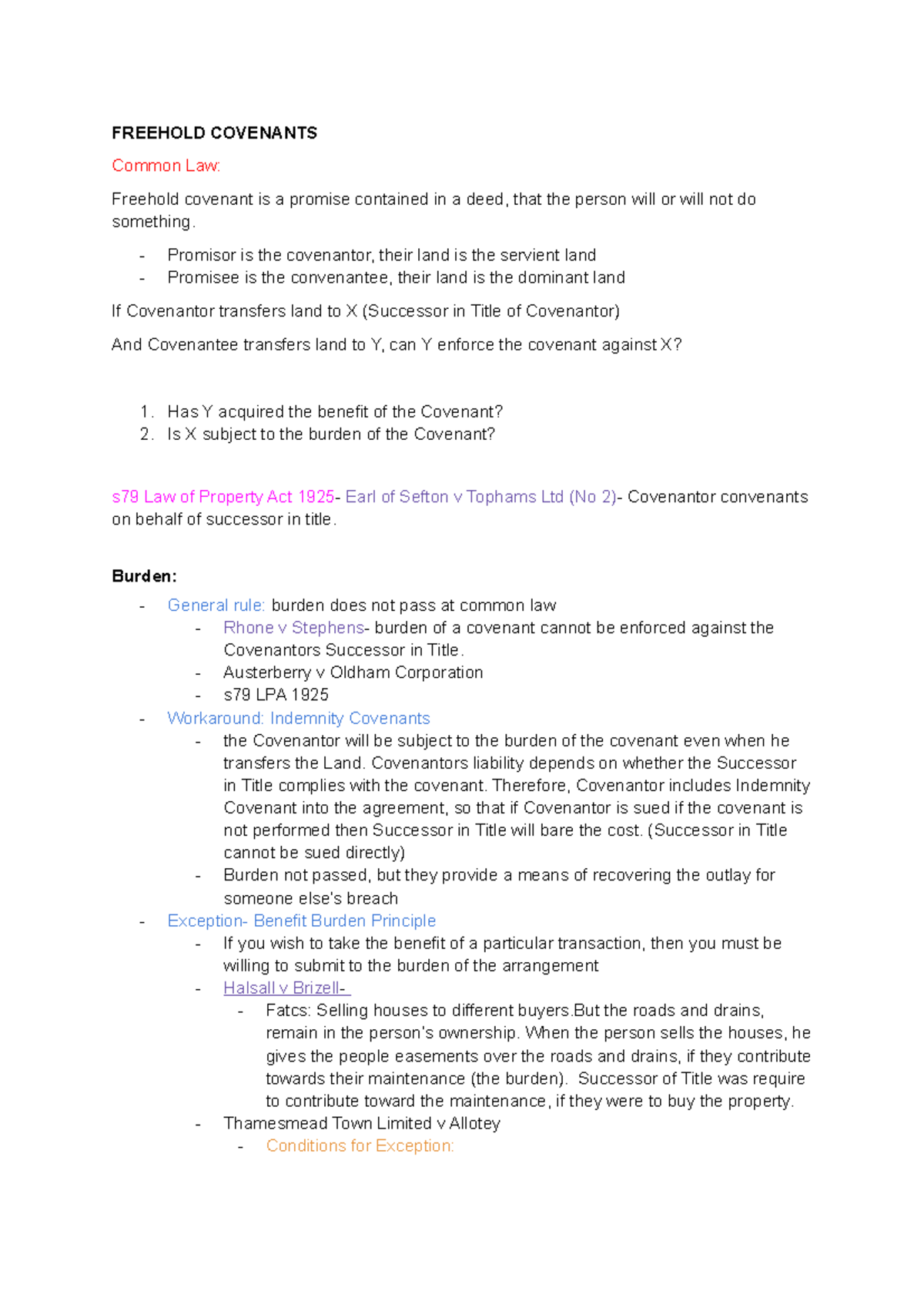 Freehold Covenants - Lecture notes 1-10 - FREEHOLD COVENANTS Common Law ...