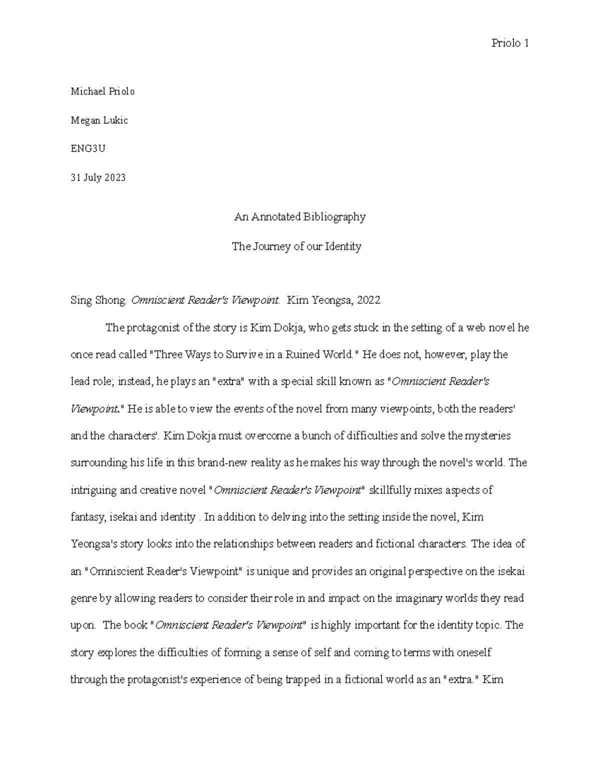 Annotated Bibliography - Michael Priolo - Michael Priolo Megan Lukic ...