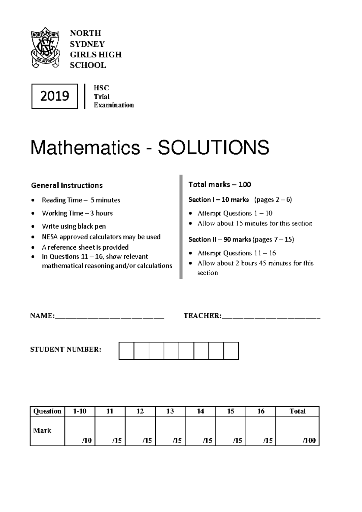 \ Nsghs HSC 2019 2U THSC S - Mathematics - SOLUTIONS ####### NAME